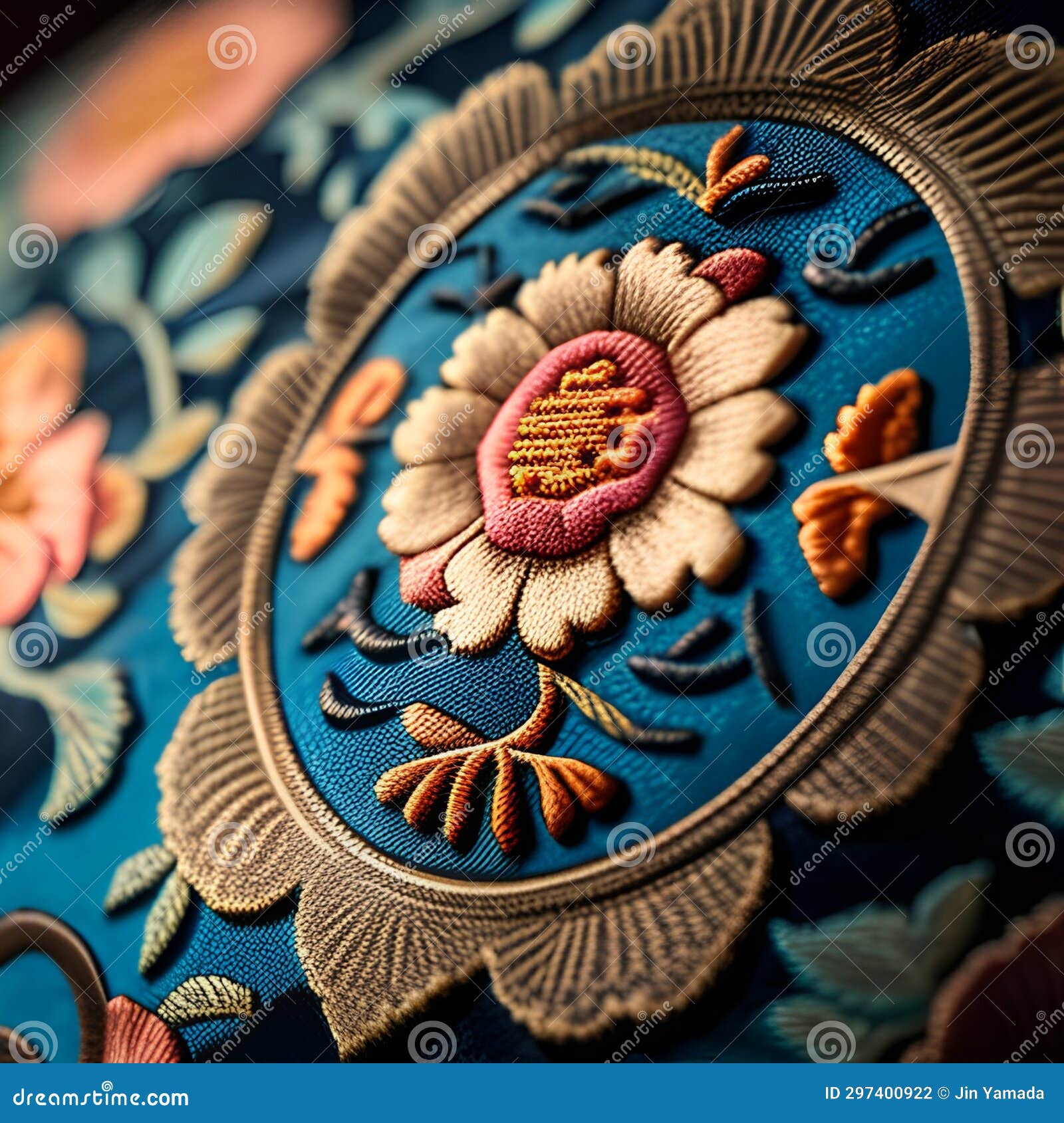 Beautiful Embroidery on a Blue Background. Close-up Stock Illustration ...