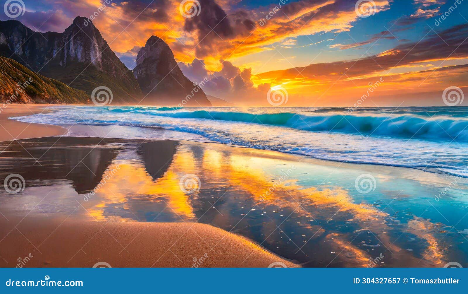 Beautiful Empty Beach with Hills in the Background at Sunset. Stock ...