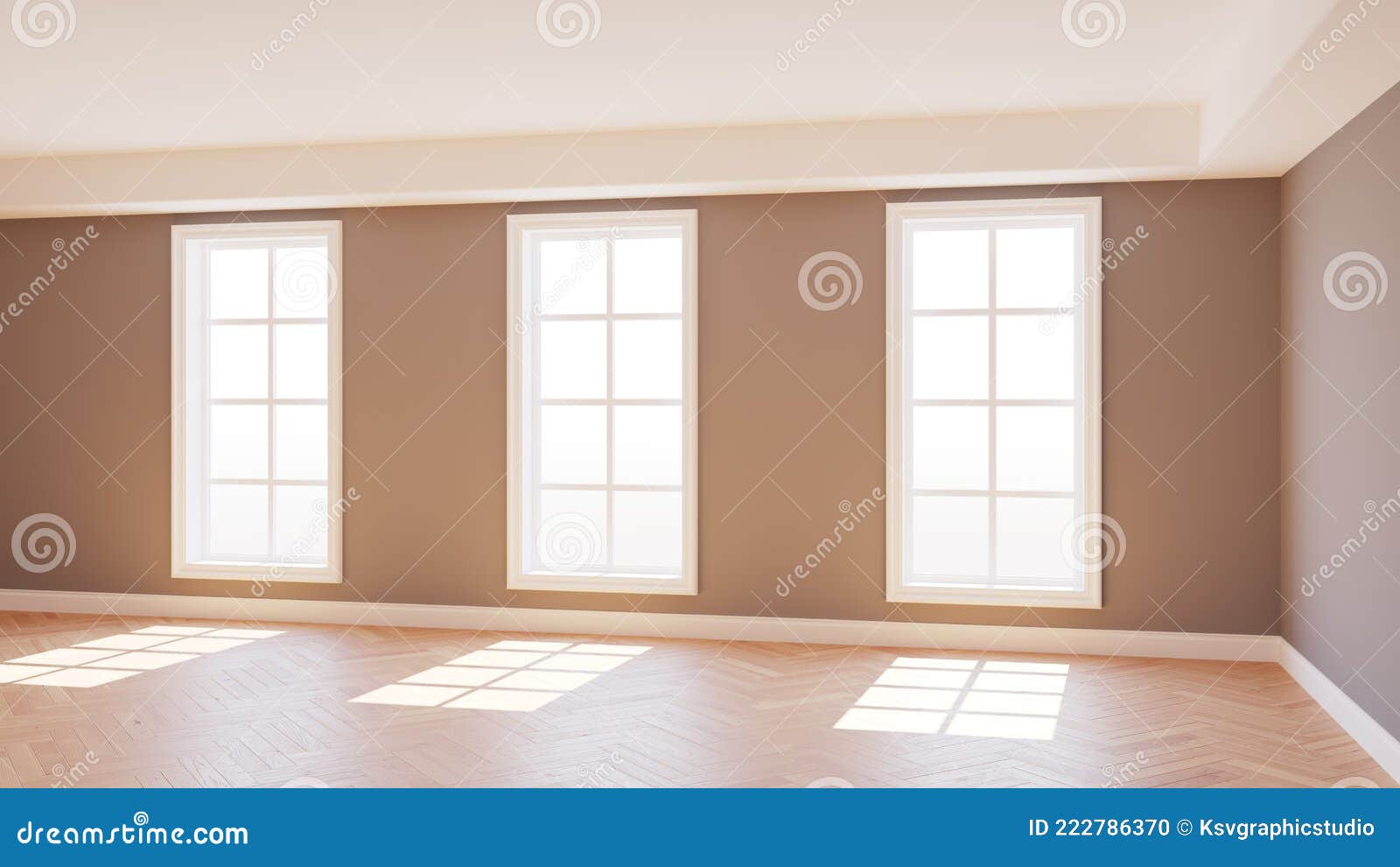 Beautiful Empty Sunlit Interior with Three Large Windows, Light Parquet ...