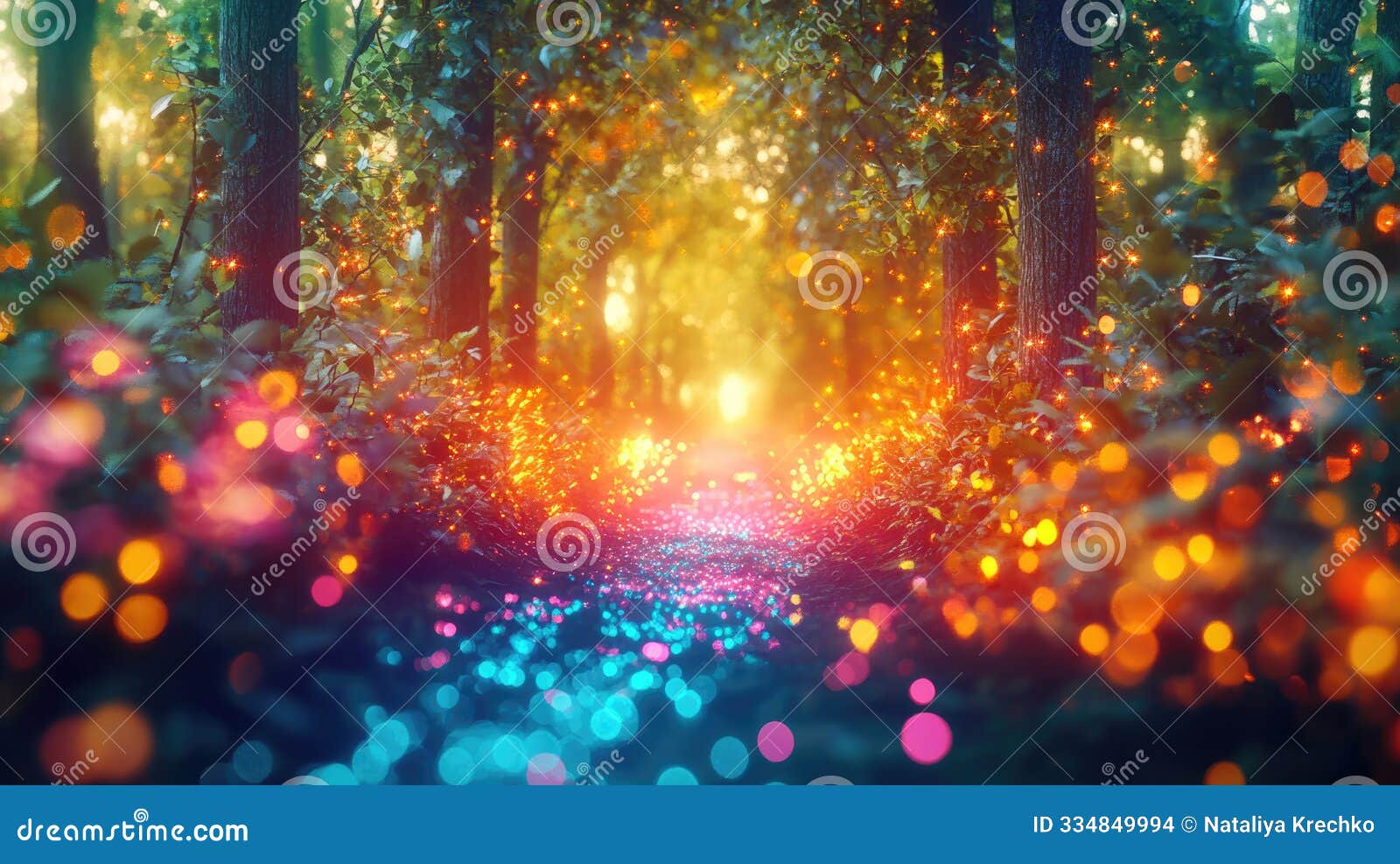 Beautiful Enchanted Forest Pathway Adorned with a Spectacular Array of Colorful Lights Stock ...