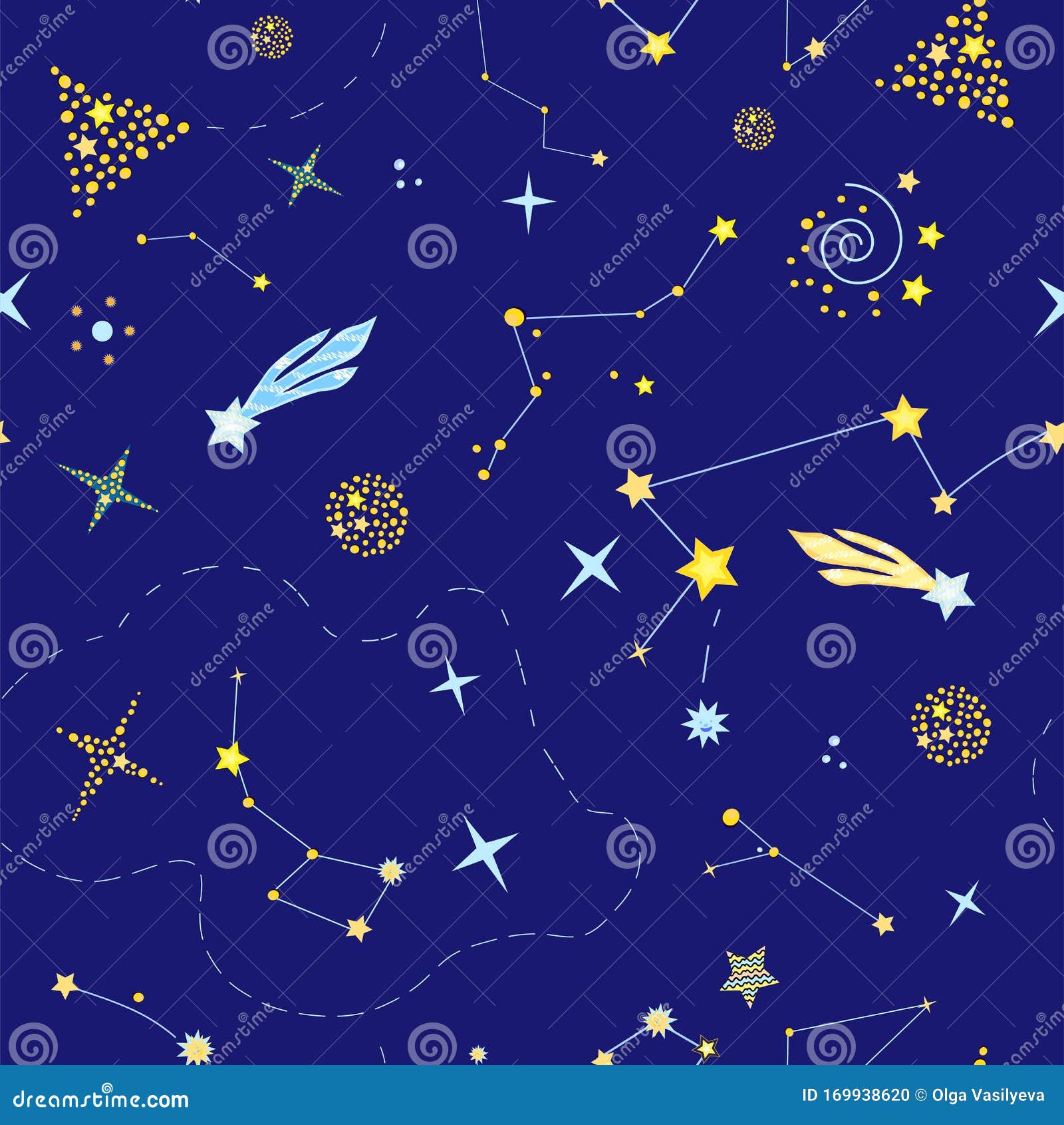 Beautiful Endless Cosmic Pattern with Constellations, Planets, Comets on the Blue Background ...