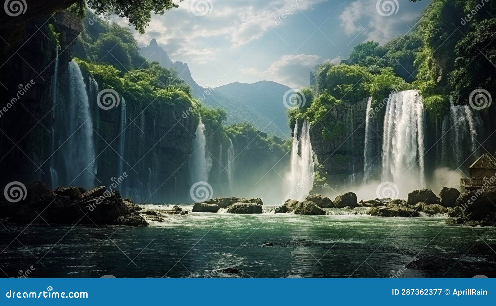 Beautiful epic waterfall stock illustration. Illustration of mountain ...