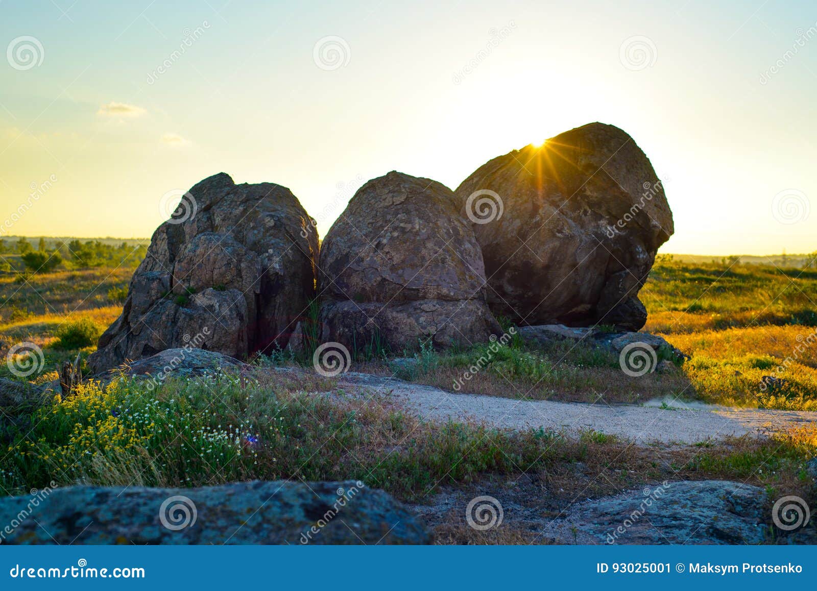 Beautiful Evening Landscape with Rocks in the Field at Sunset Stock ...