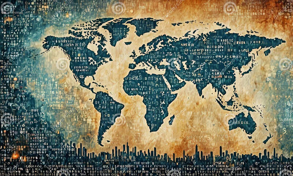 World Map on Old Paper Background with Binary Code Stock Illustration ...