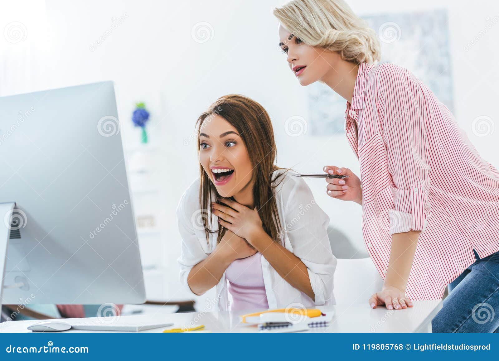 Beautiful Excited Girls Working with Computer Stock Photo - Image of ...
