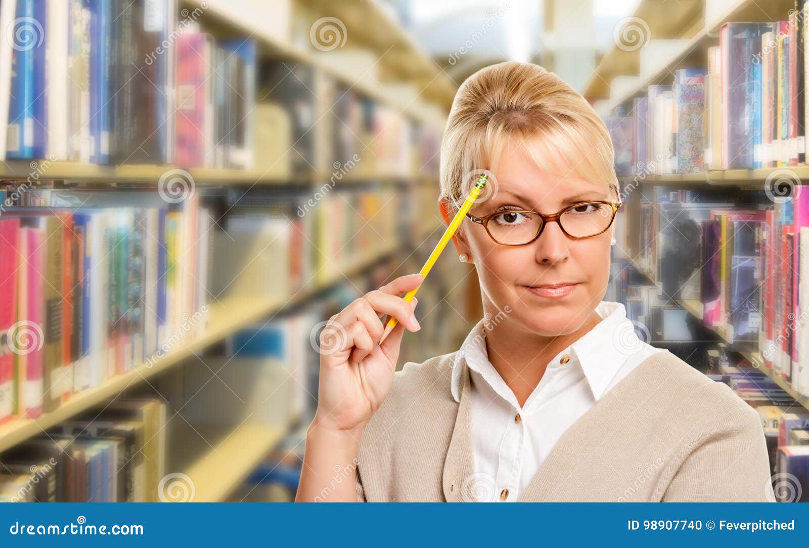 Smart Librarian, Student or Teacher with Pencil in Library. Stock Photo ...