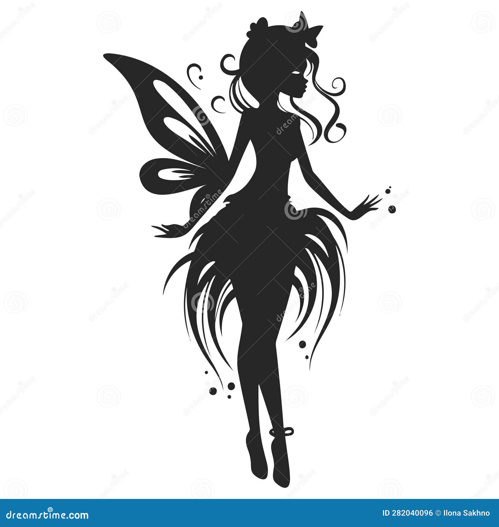 Beautiful Fairy Silhouette Bkack And White Vector Illustration Stock