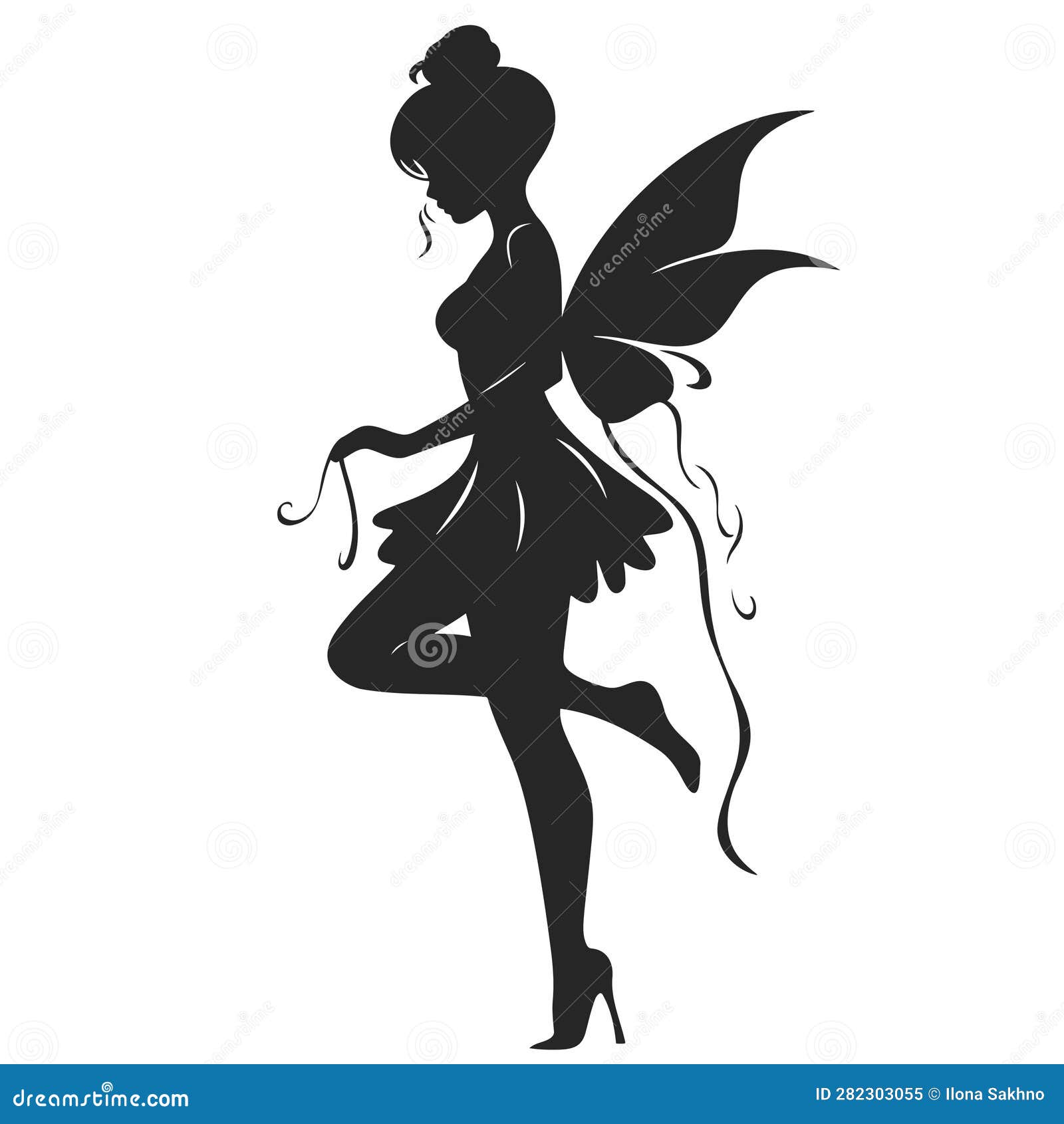Beautiful Fairy Silhouette Bkack And White Vector Illustration Stock