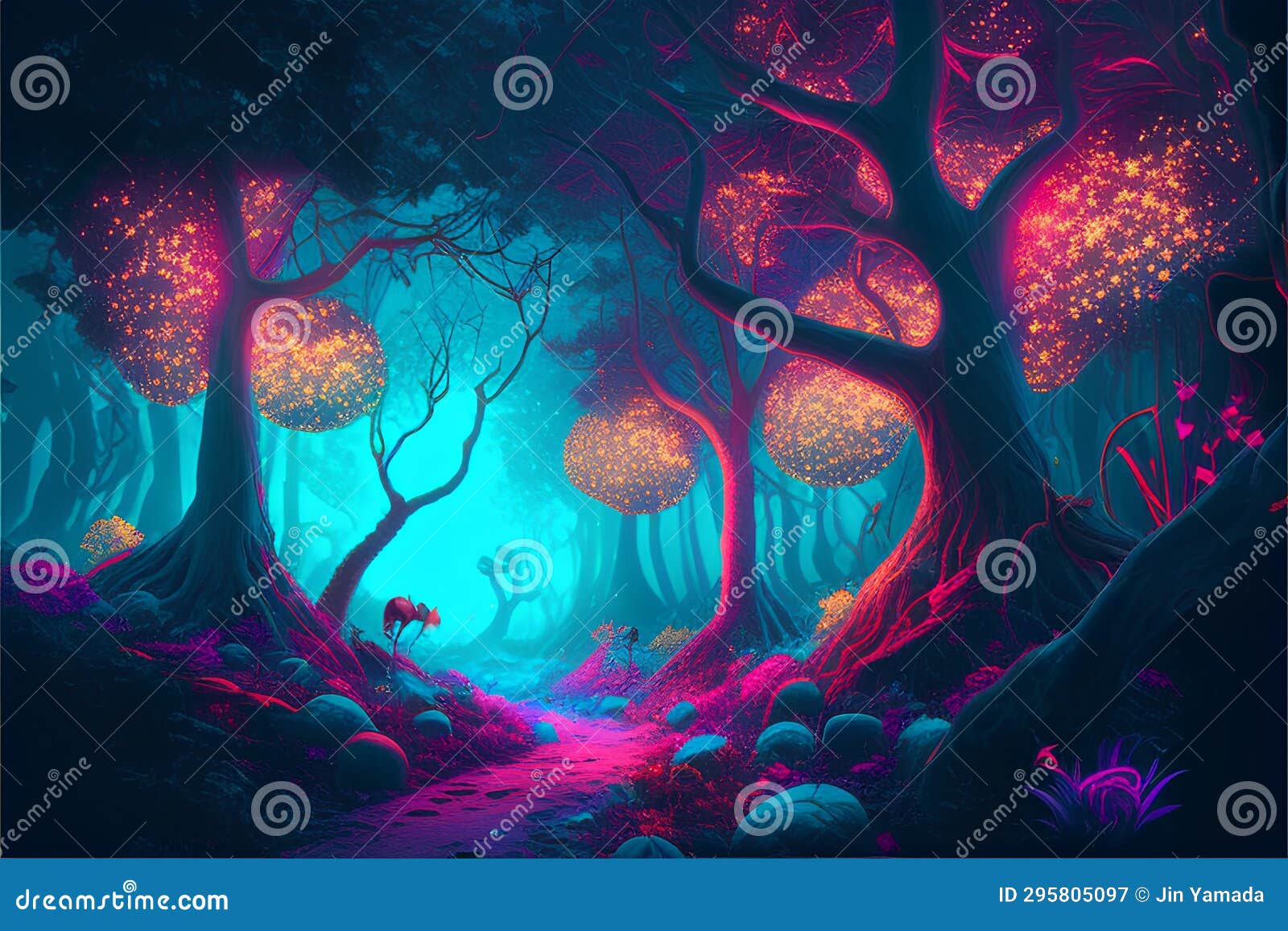 Beautiful Fantasy Forest with Tree and Magic Ball. Vector Illustration ...