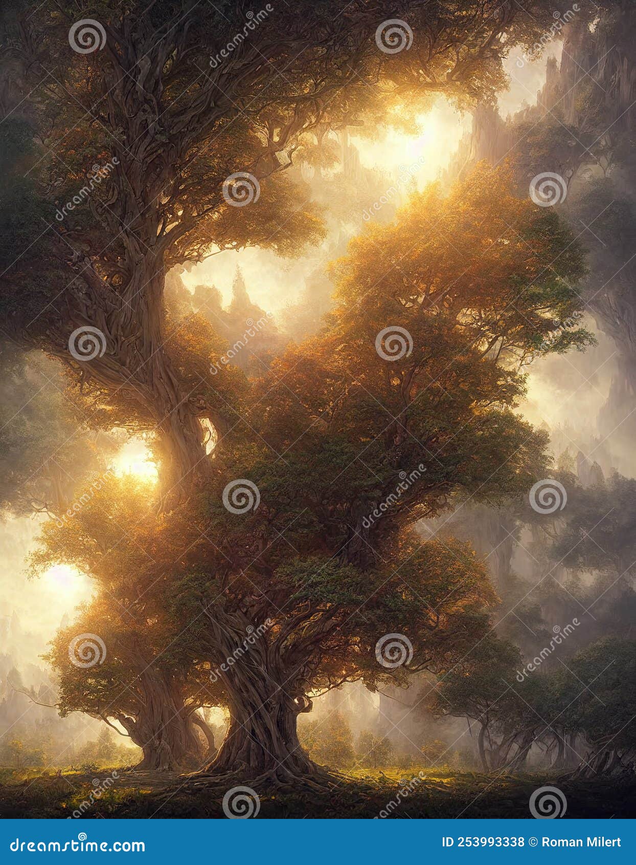 Beautiful Fantasy Giant Prehistoric Trees Stock Illustration ...