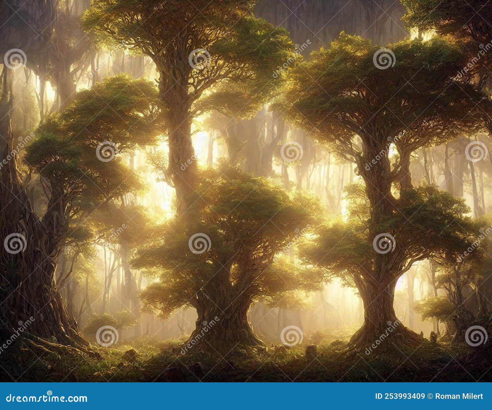 Beautiful Fantasy Giant Prehistoric Trees Stock Illustration ...