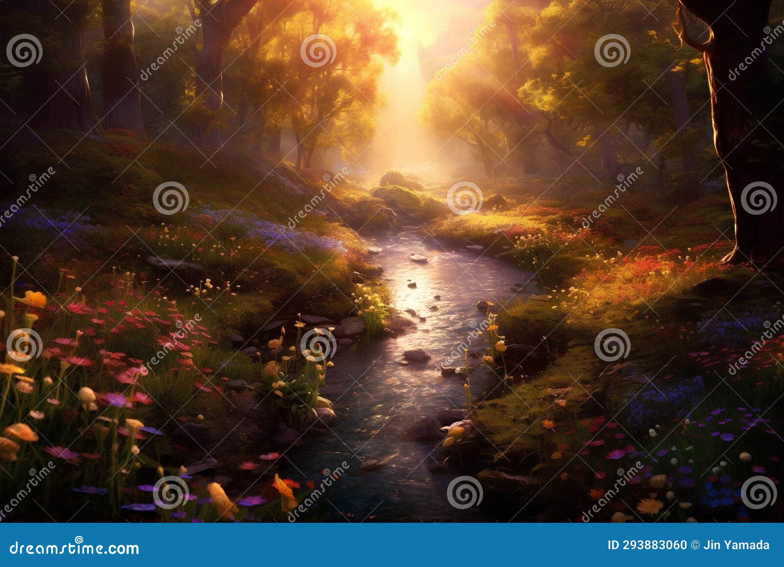Beautiful Fantasy Landscape With A Small River In The Forest At Sunset ...