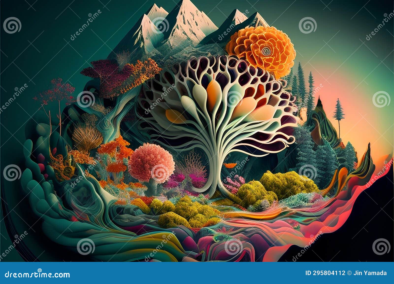 Beautiful Fantasy Landscape with Trees and Mountains. Computer ...