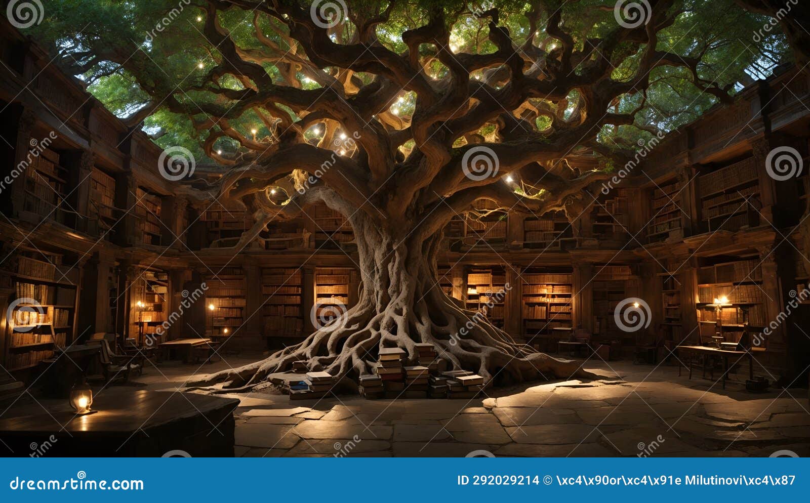 Beautiful Fantasy Library with Growing Giant Oak in the Middle. Tree of ...