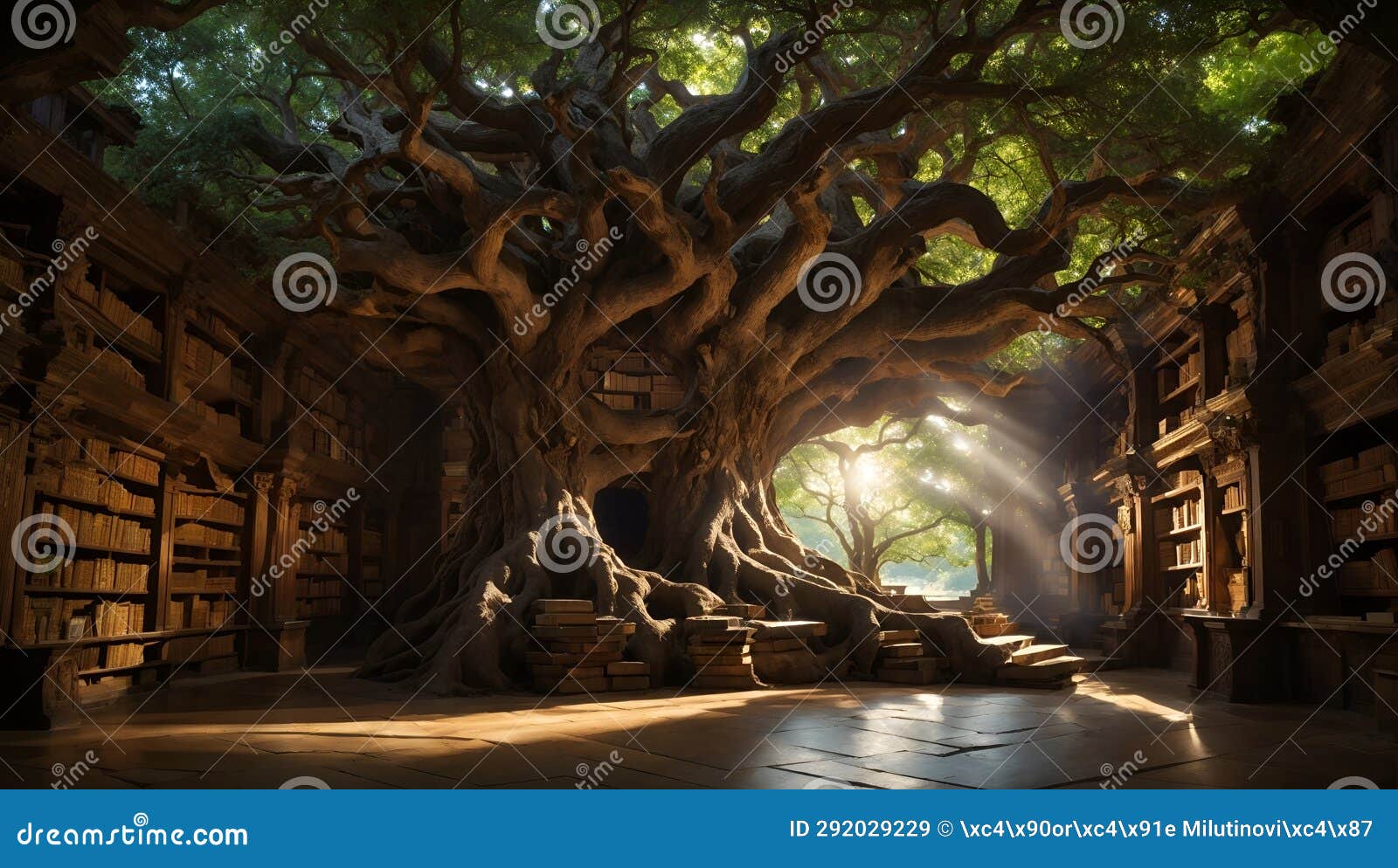 Beautiful Fantasy Library with Growing Giant Oak in the Middle. Tree of ...