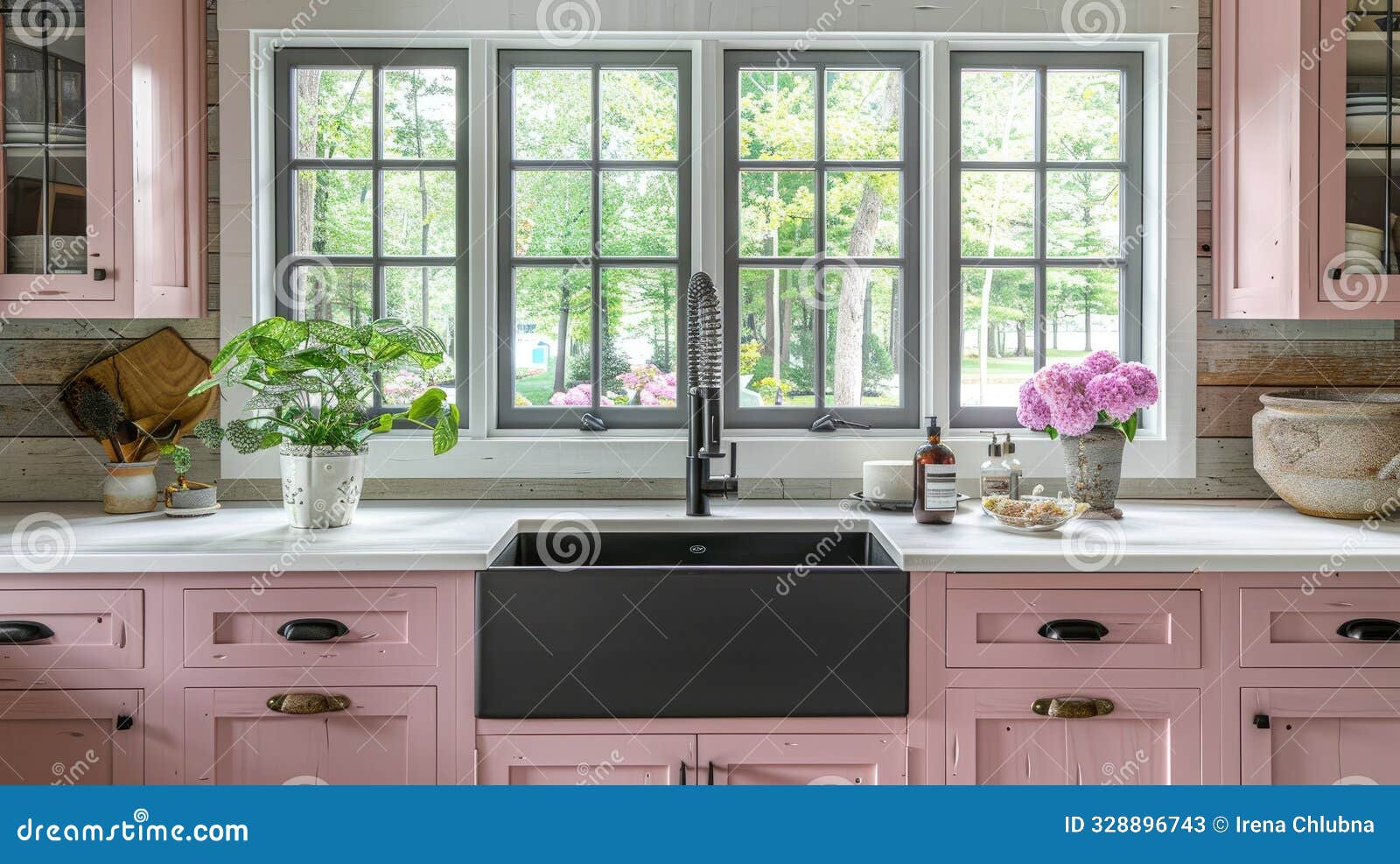 Beautiful Farmhouse Style Pink Kitchen Stock Illustration ...