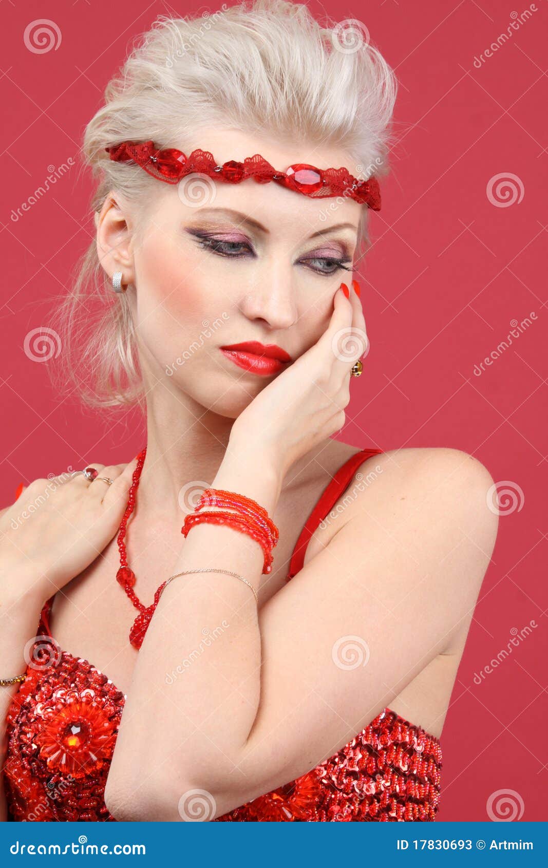 Beautiful Fashion Model in Red Stock Image - Image of skin, sensuality ...
