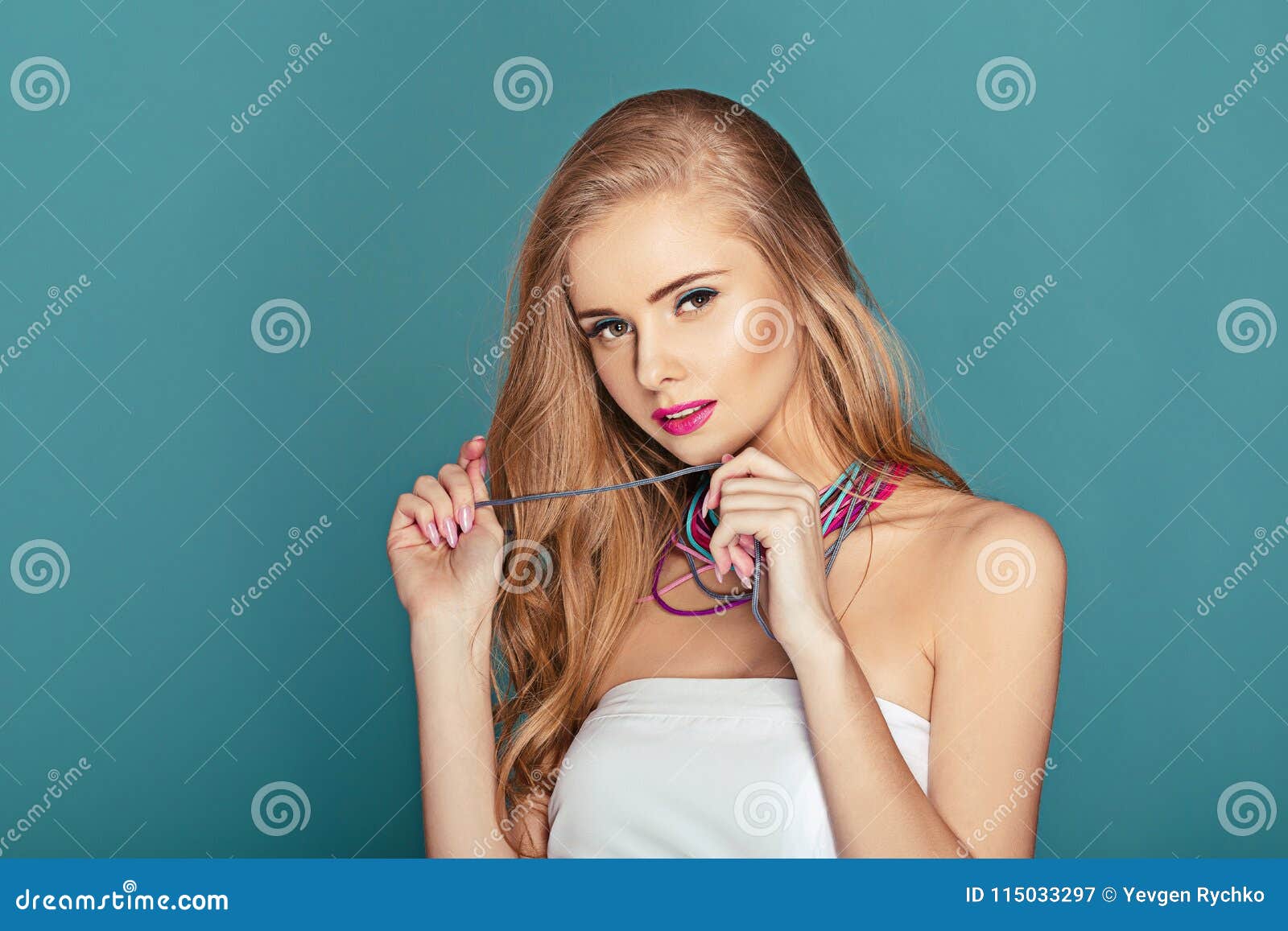 Blond Woman Over Blue Background Stock Image Image Of Closeup Lips