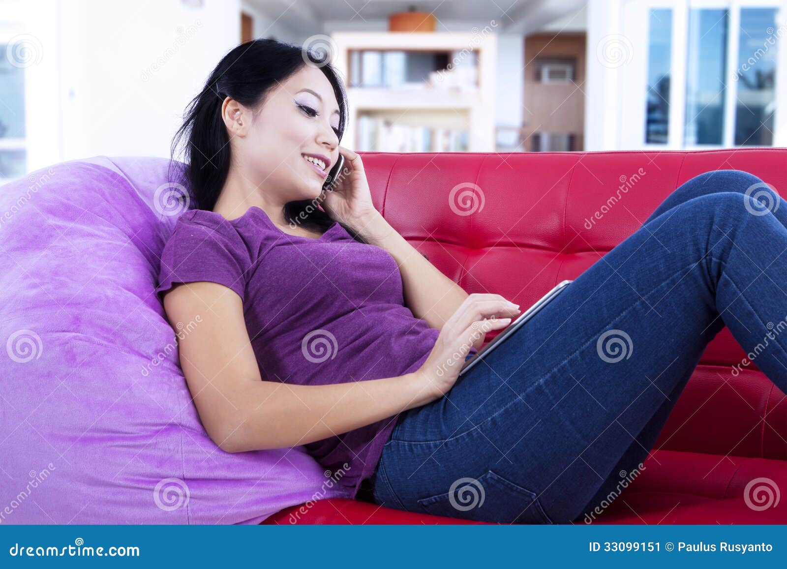 Beautiful Female Calling at Home Stock Image - Image of enjoy ...