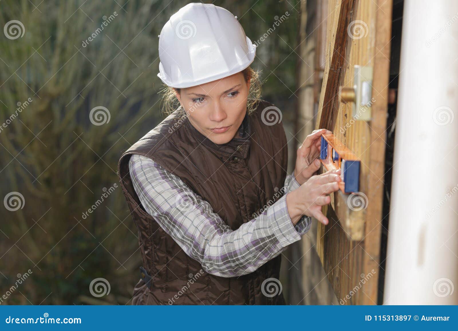 Beautiful Female Carpenter at Work Using Stock Image - Image of machine ...
