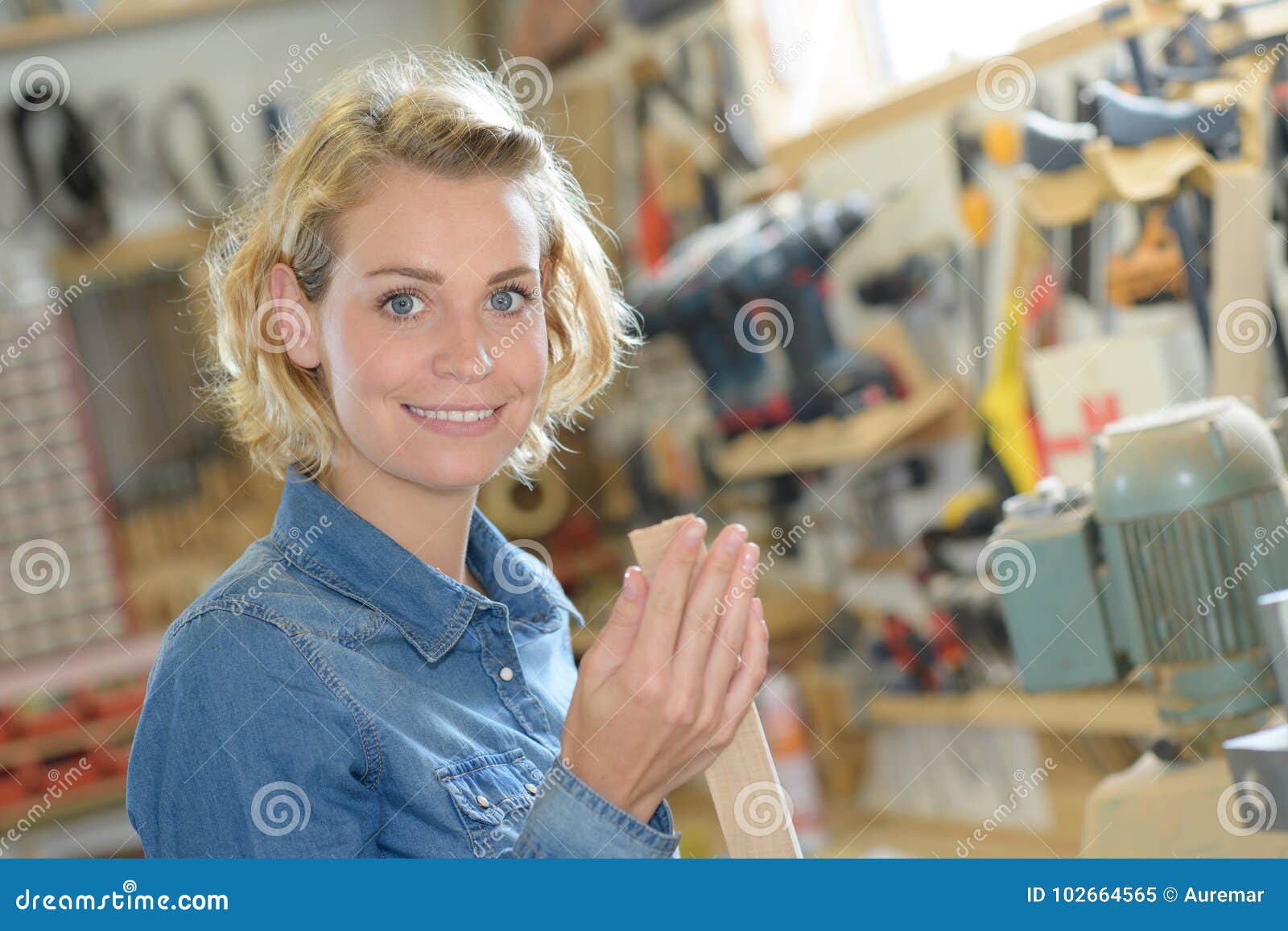 Beautiful Female Carpenter in Workshop Stock Image - Image of table ...