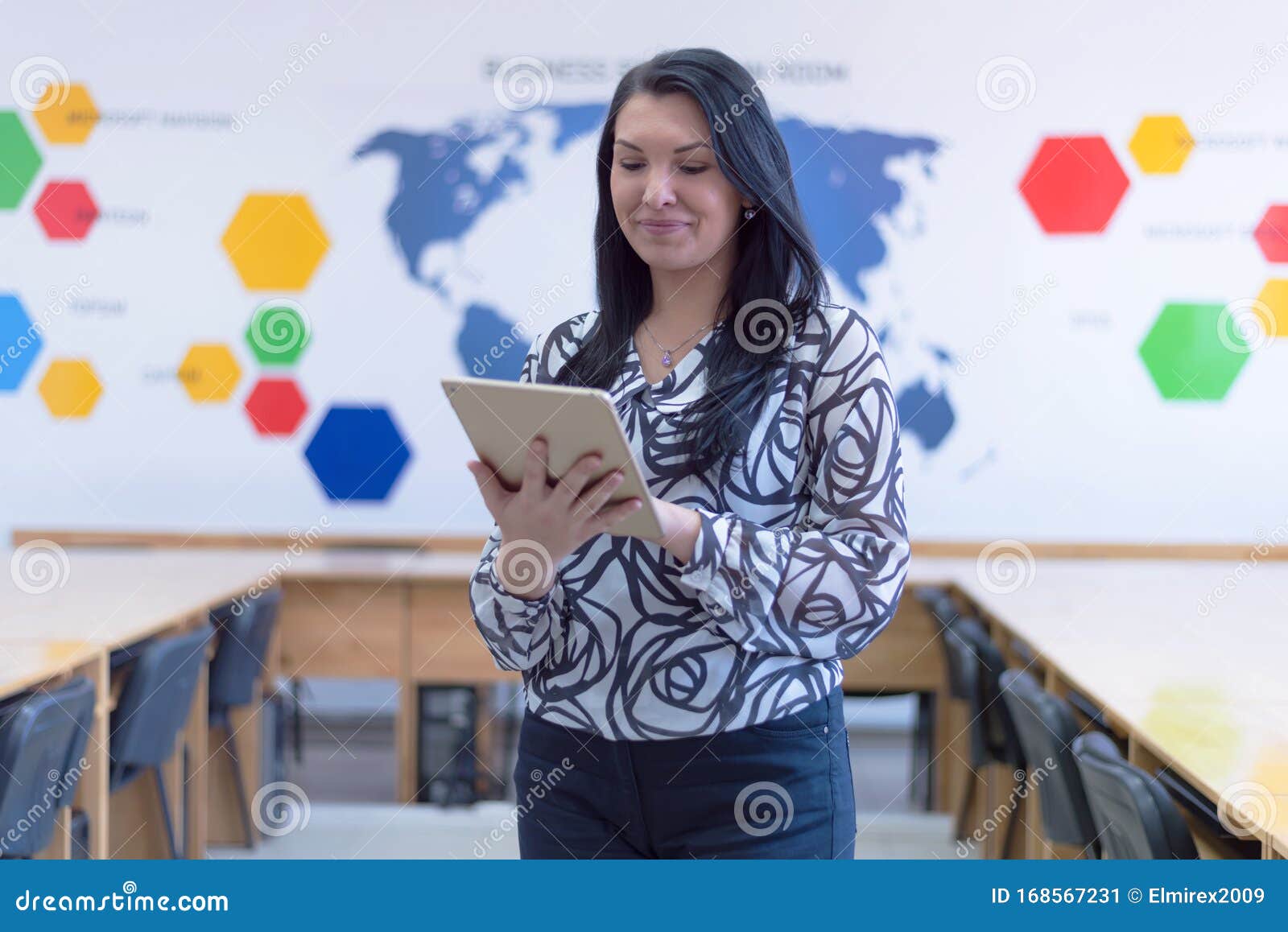 Beautiful Female College Student Standing Inside Classroom and Using ...