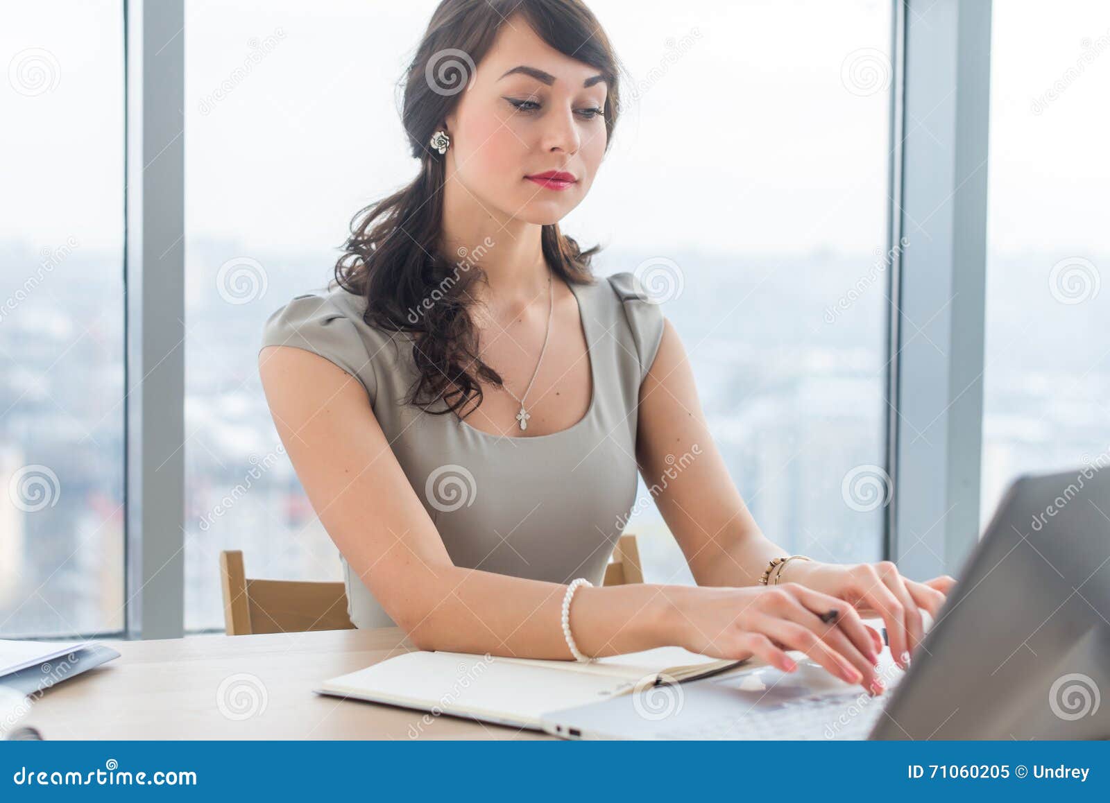 Beautiful Female Copywriter Sitting in Office, Typing New Article ...