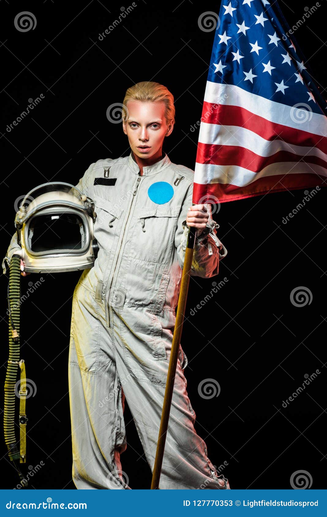 Beautiful Female Cosmonaut in Spacesuit Holding Helmet and Usa Flag ... Beautiful Female Cosmonaut in Spacesuit Holding Helmet and Usa Flag ...