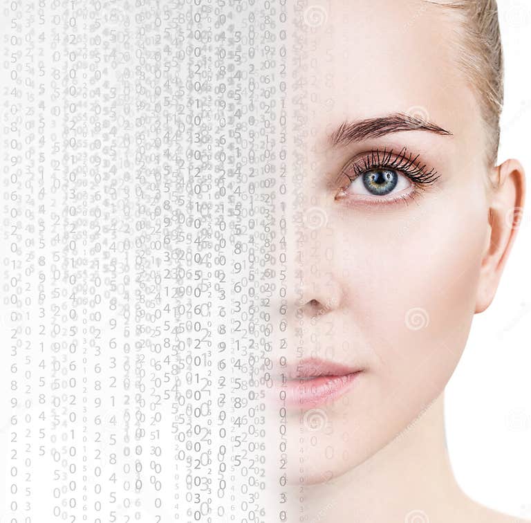 Beautiful Female Face Transform in Matrix Code. Stock Image - Image of ...