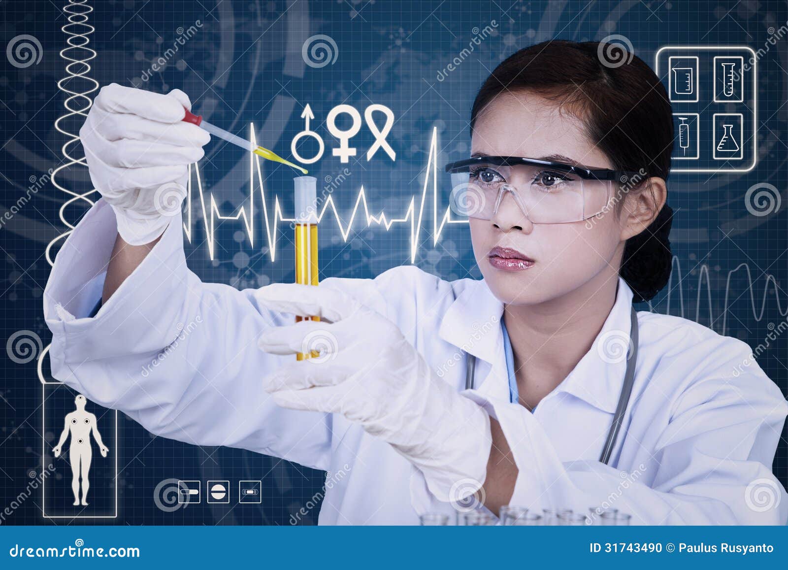 Female Scientist And Robotic Arm Conducting Experiments In A Modern ...