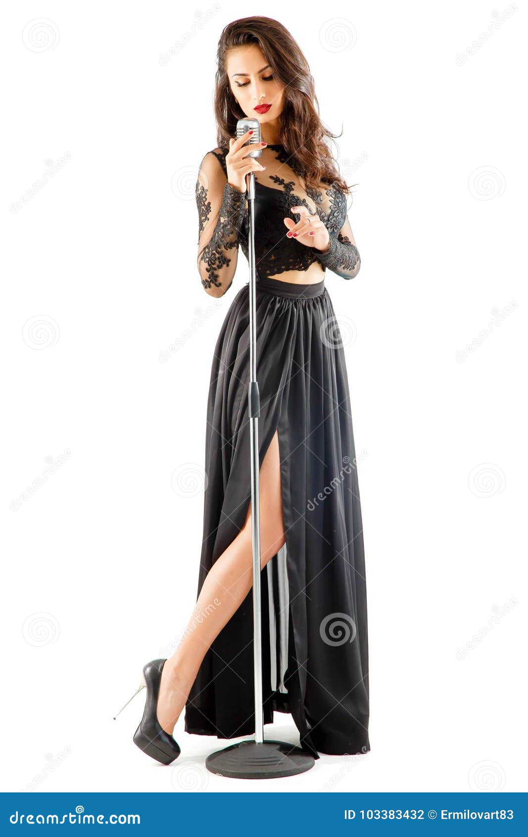 Beautiful Female Singer Singing a Song on a White Isolate. Stock Photo ...