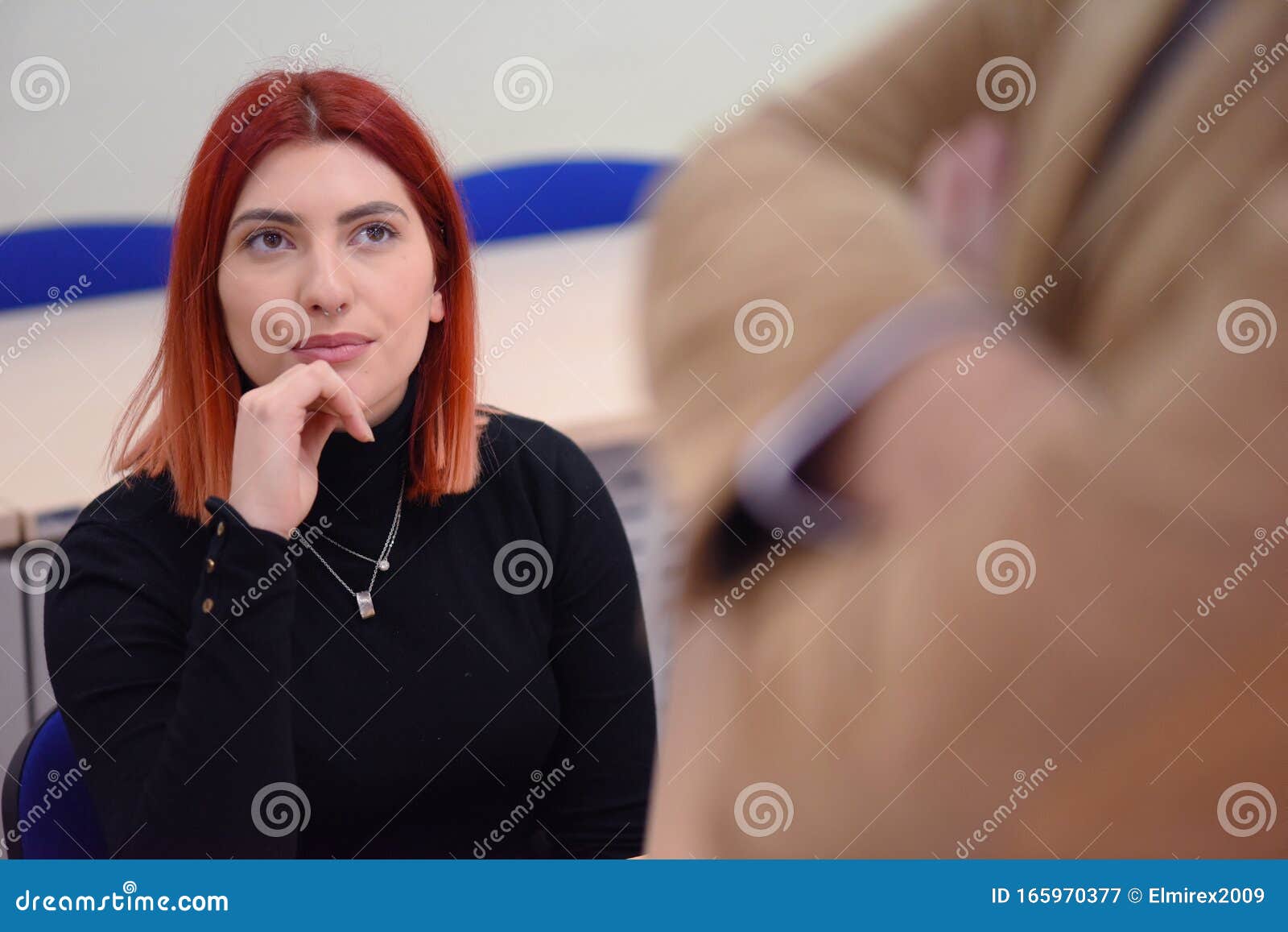 Beautiful Female it Student Listening Her Professor during Computer Lab ...