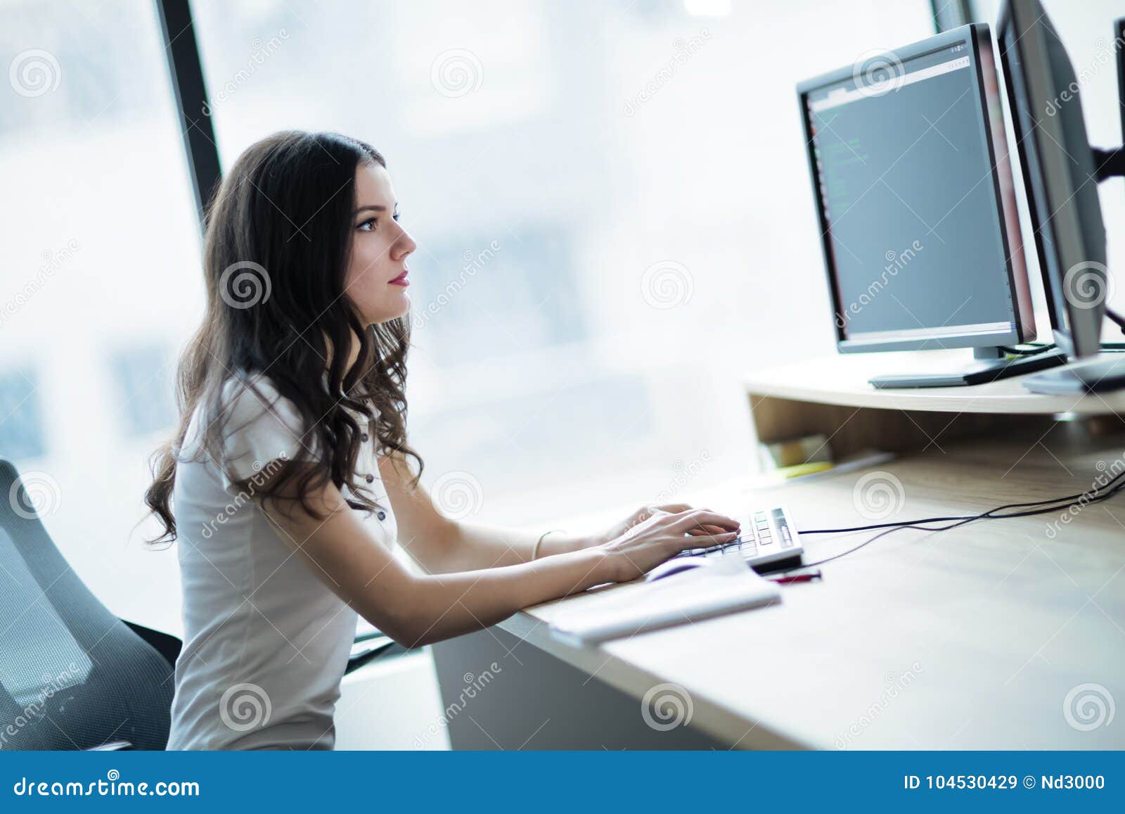 Beautiful Female Using Computer in Office Stock Image - Image of laptop ...