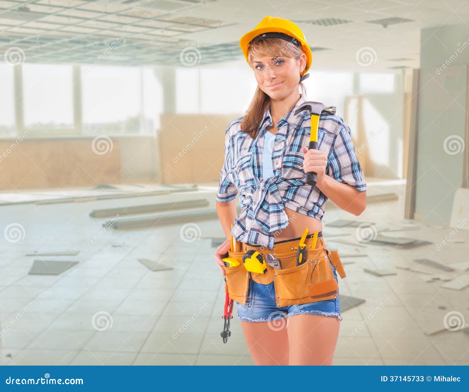 Beautiful Female Worker on Construction Site Stock Image - Image of ...