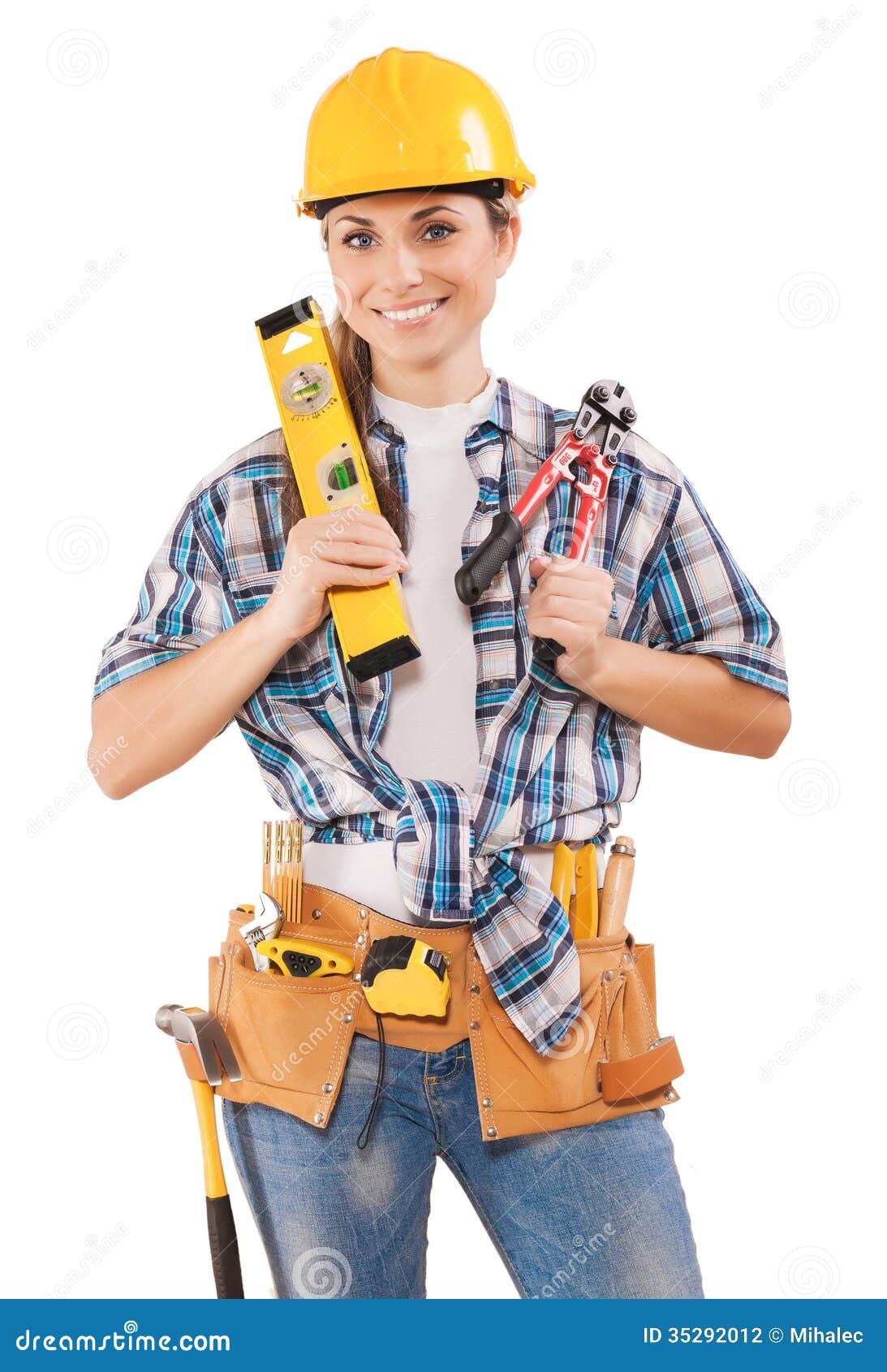 Beautiful Female Worker Holding Tools Stock Photo - Image of protective ...