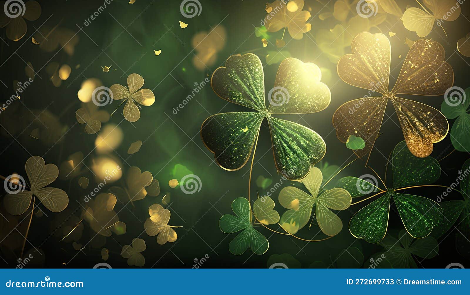 Beautiful Festive Background With Shining Clover Shamrocks And Golden