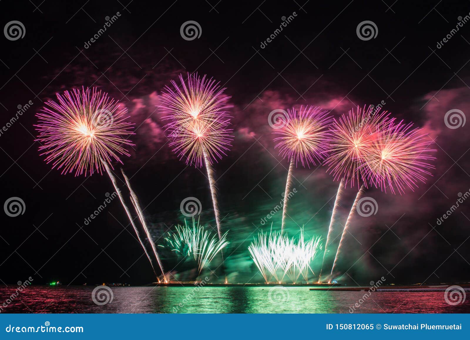 Firework Display for Celebration Over the Sea Stock Image - Image of ...