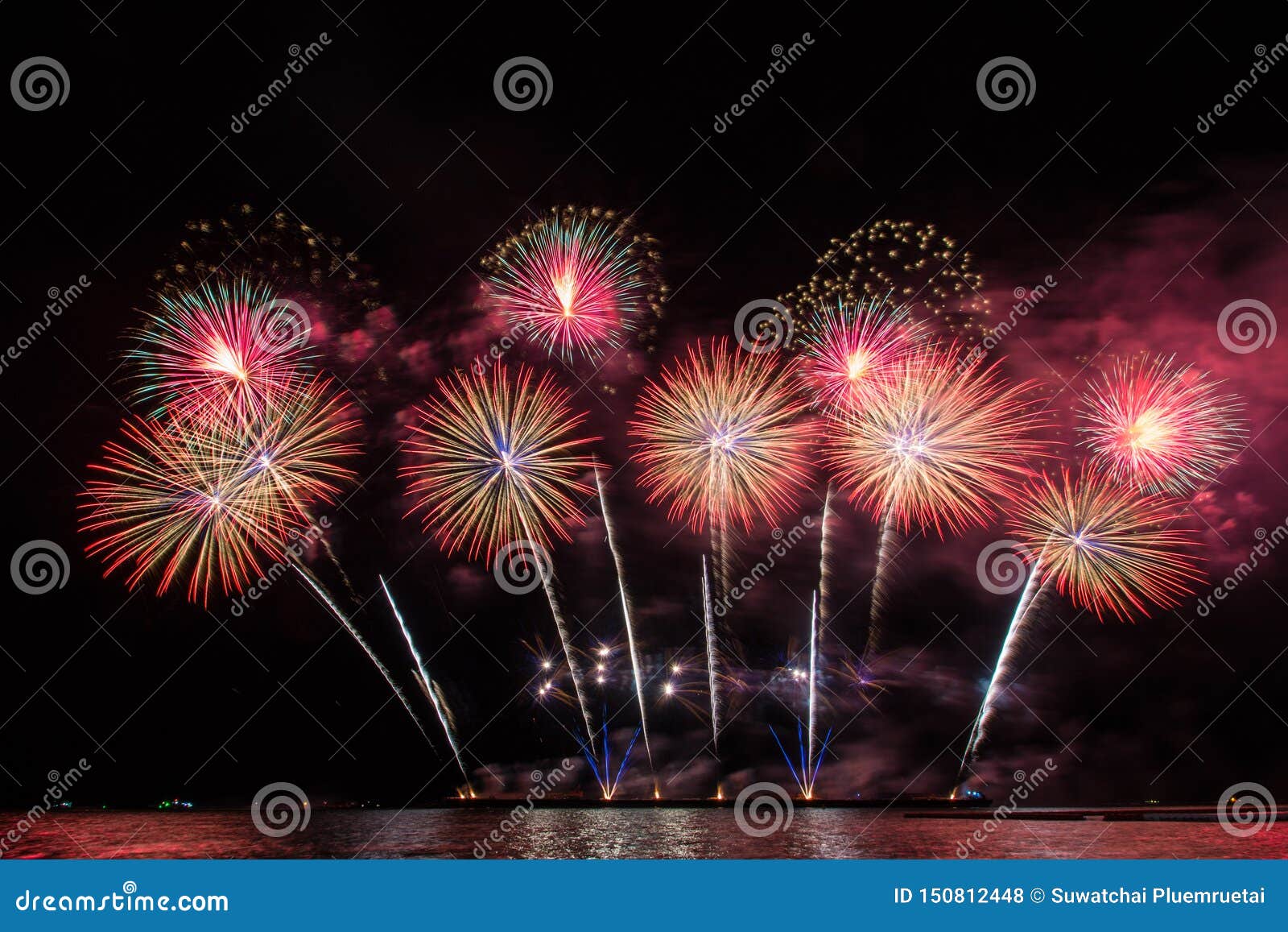 Firework Display for Celebration Over the Sea Stock Photo - Image of ...