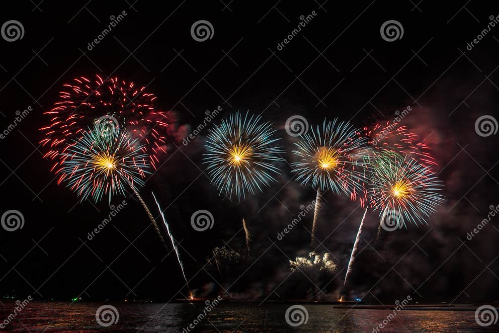 Firework Display for Celebration Over the Sea Stock Photo - Image of ...