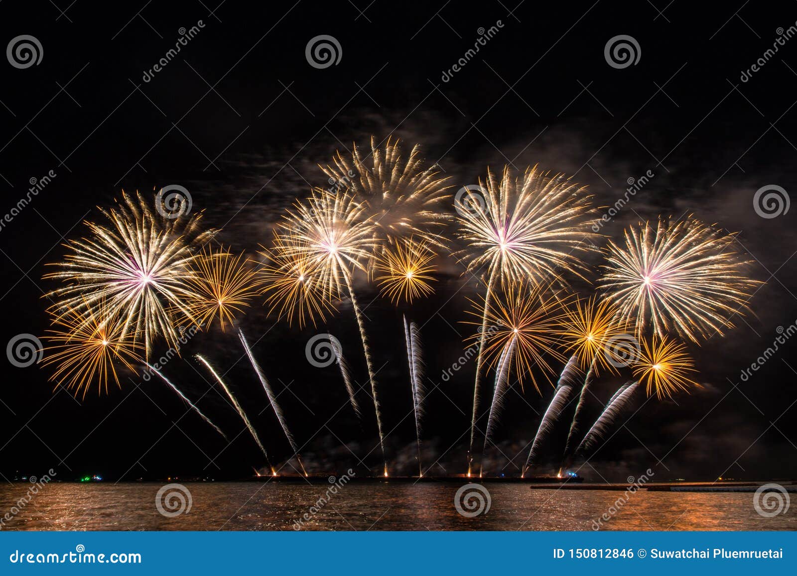 Firework Display for Celebration Over the Sea Stock Photo - Image of ...