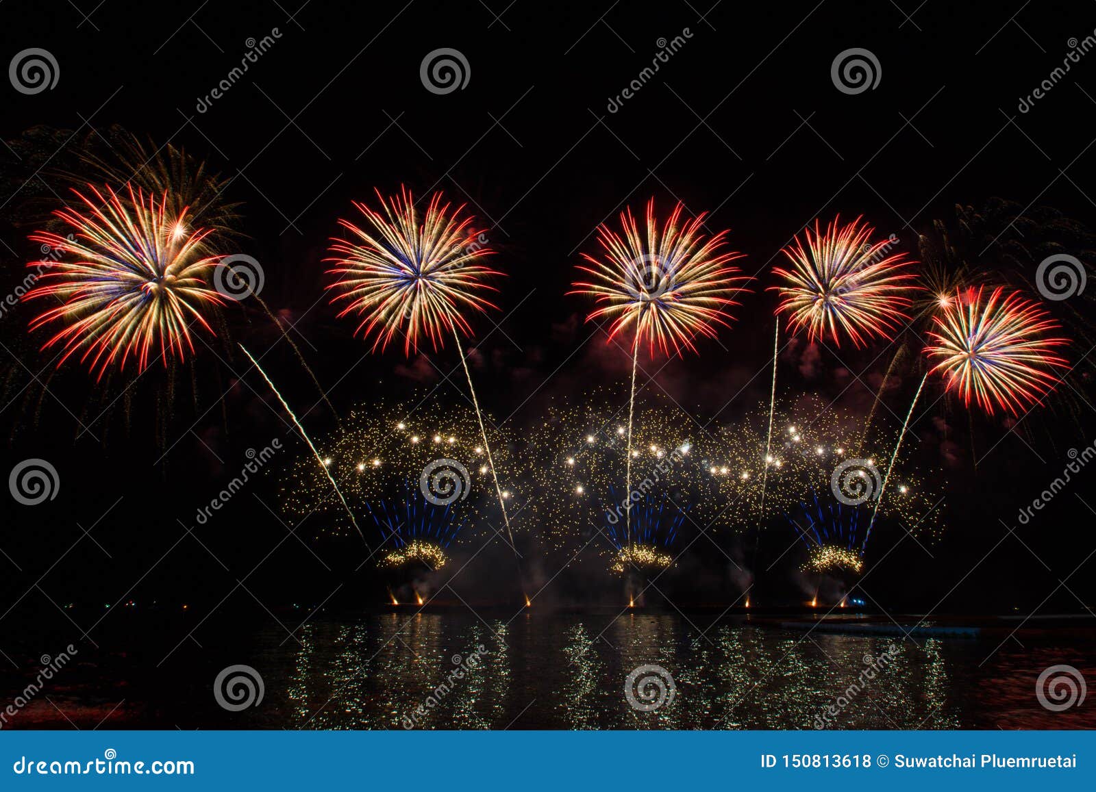 Firework Display for Celebration Over the Sea Stock Photo - Image of ...