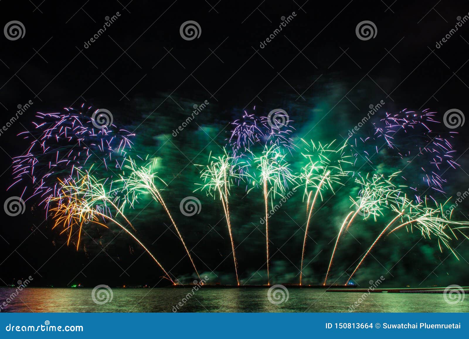 Firework Display for Celebration Over the Sea Stock Photo - Image of ...