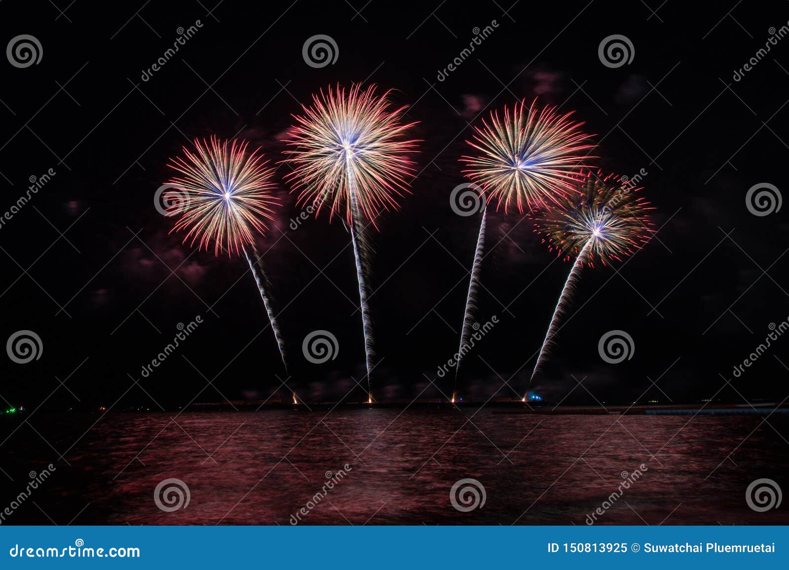 Firework Display for Celebration Over the Sea Stock Image - Image of ...