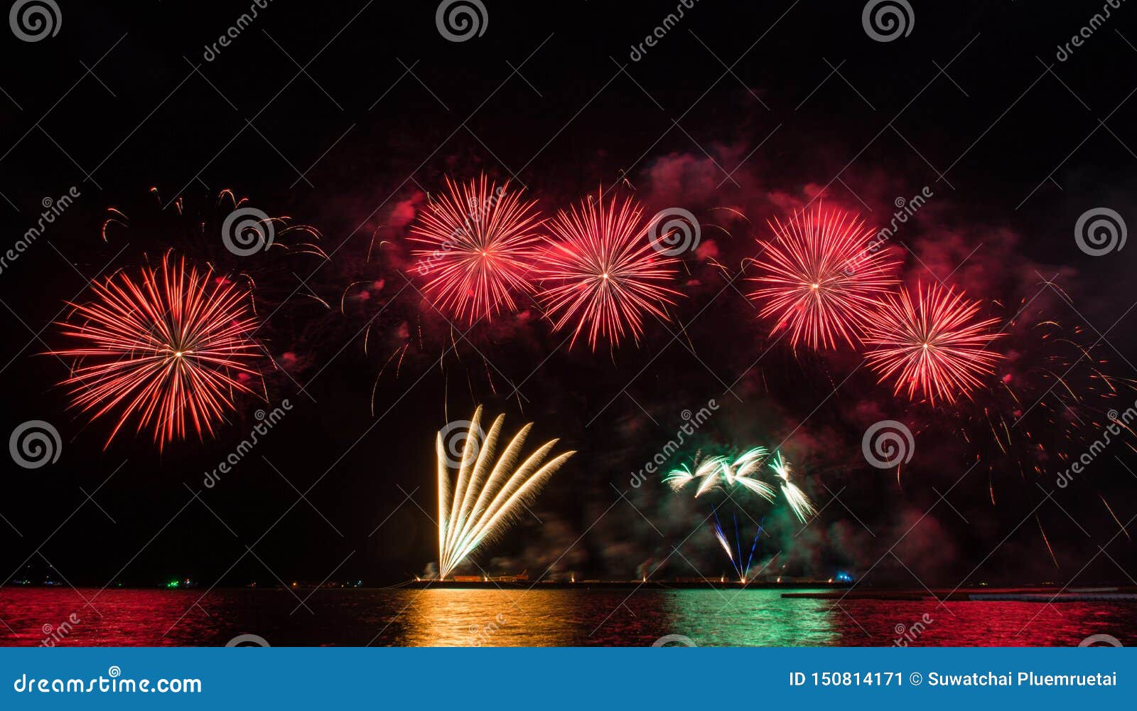 Firework Display for Celebration Over the Sea Stock Image - Image of ...
