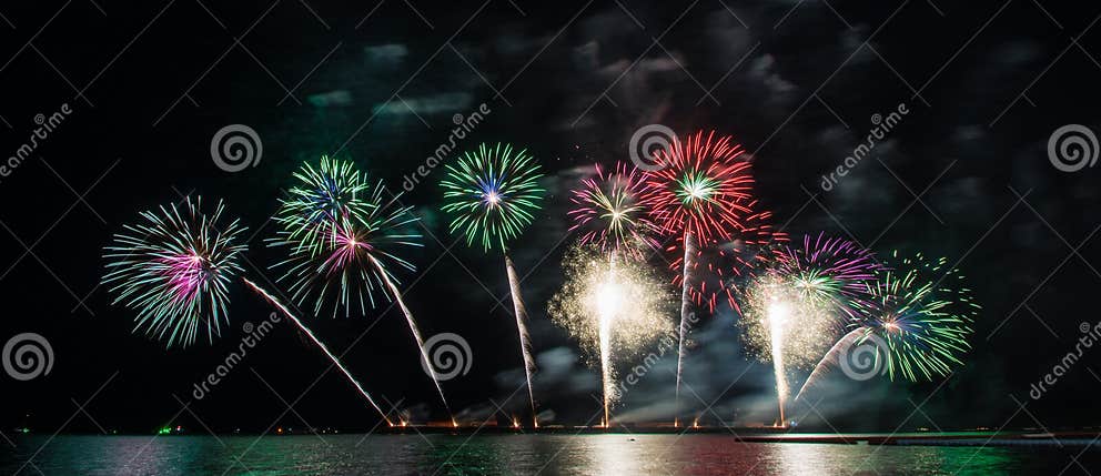 Firework Display for Celebration Over the Sea Stock Image - Image of ...