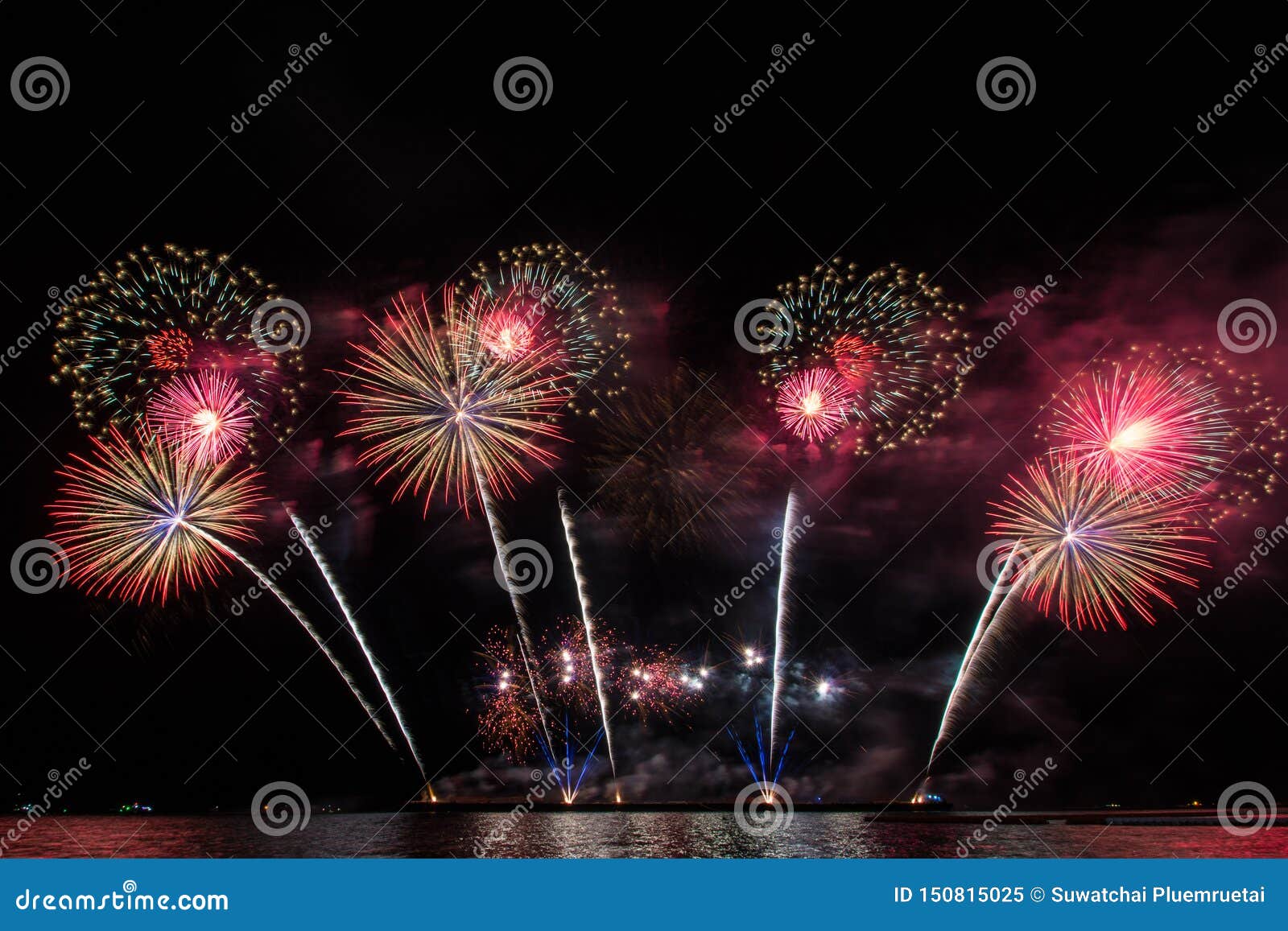 Firework Display for Celebration Over the Sea Stock Image - Image of ...