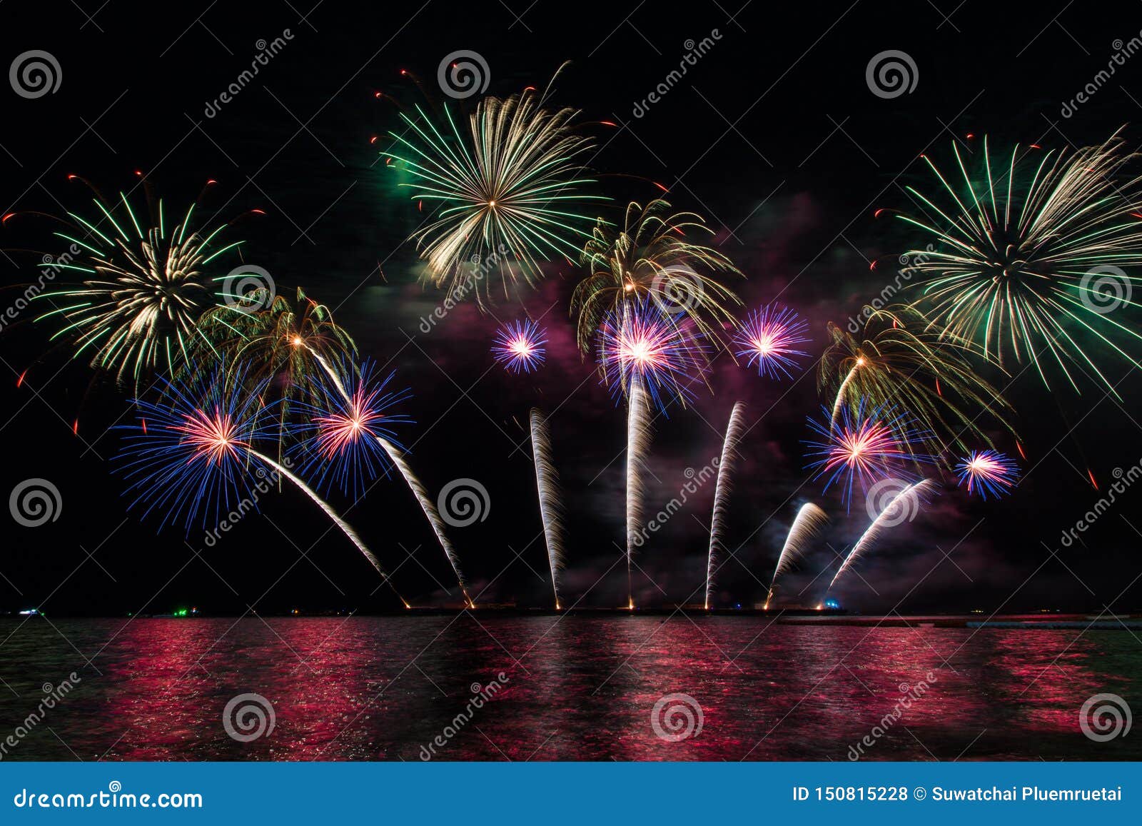 Firework Display for Celebration Over the Sea Stock Photo - Image of ...