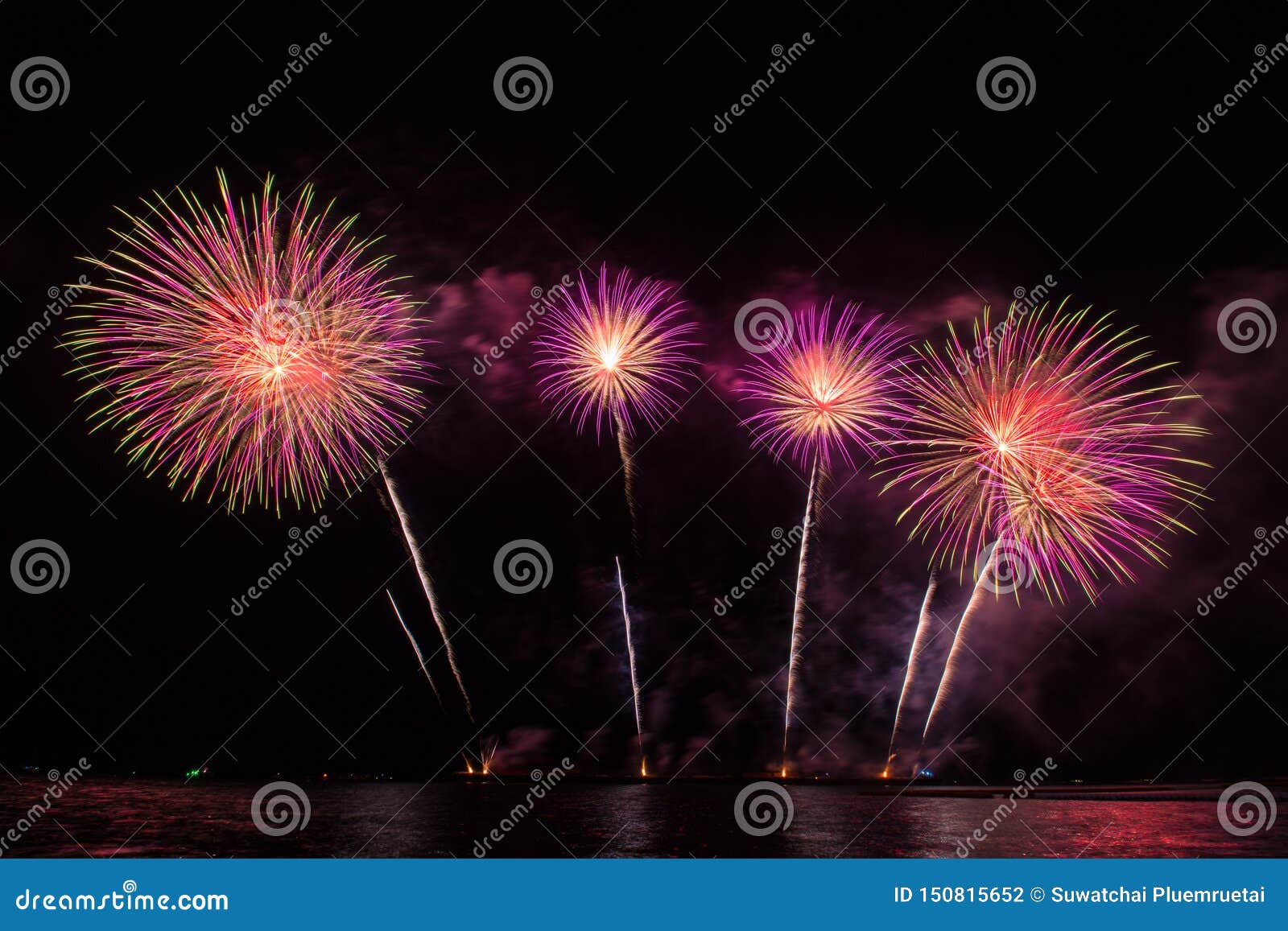 Firework Display for Celebration Over the Sea Stock Photo - Image of ...