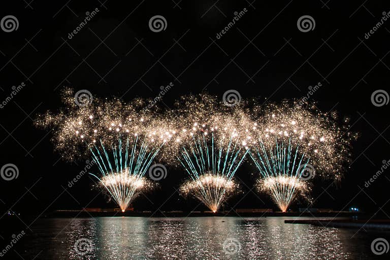Firework Display for Celebration Over the Sea Stock Image - Image of ...