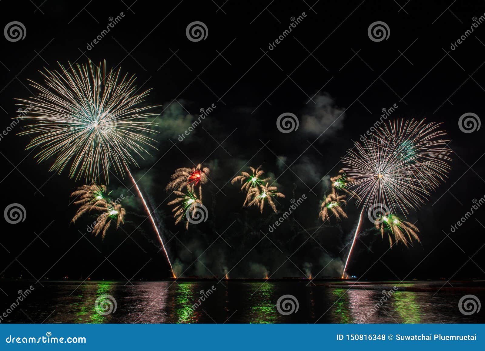 Firework Display for Celebration Over the Sea Stock Photo - Image of ...